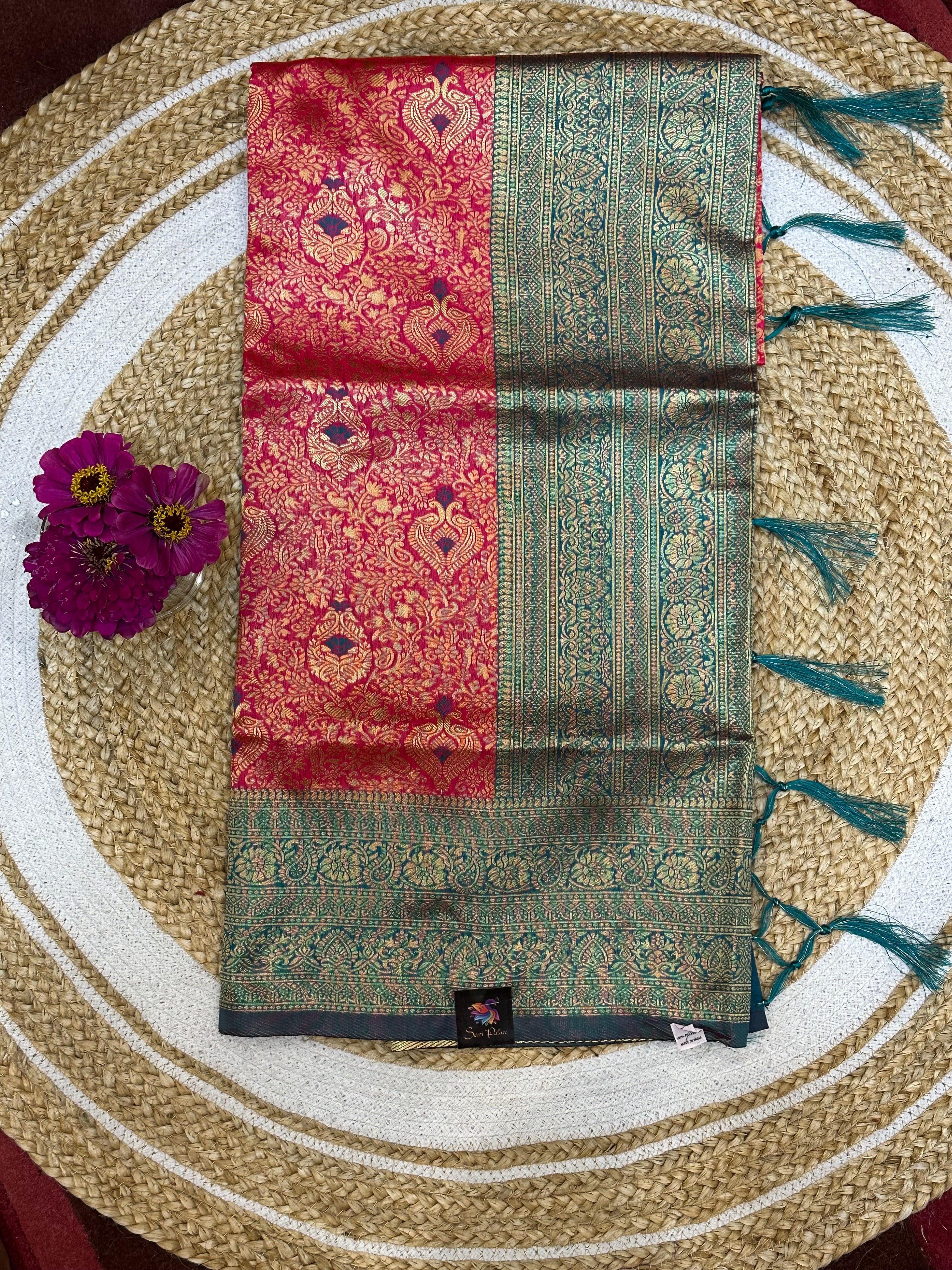 Art Silk Sari Indian Fancy Saree Red & Teal S73 – Sari Palace